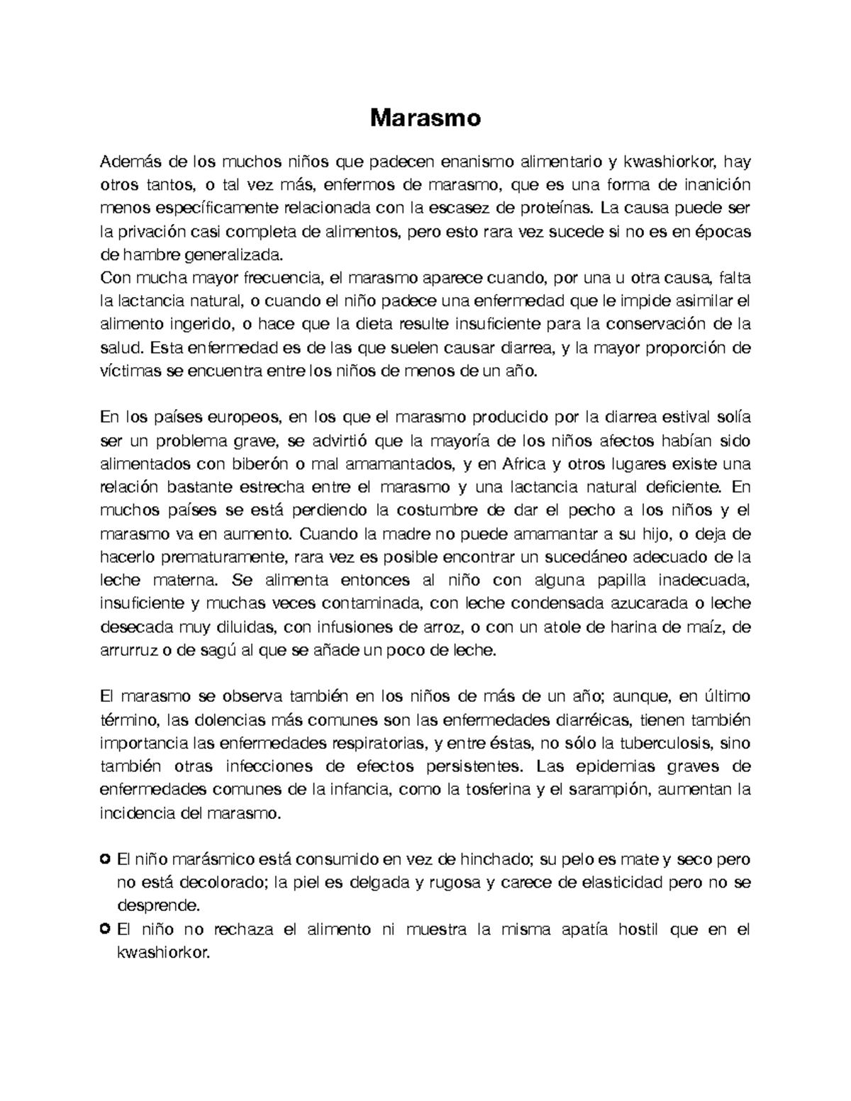 Resumen sobre el Marasmo: Causas y Efectos en Niños - Studocu