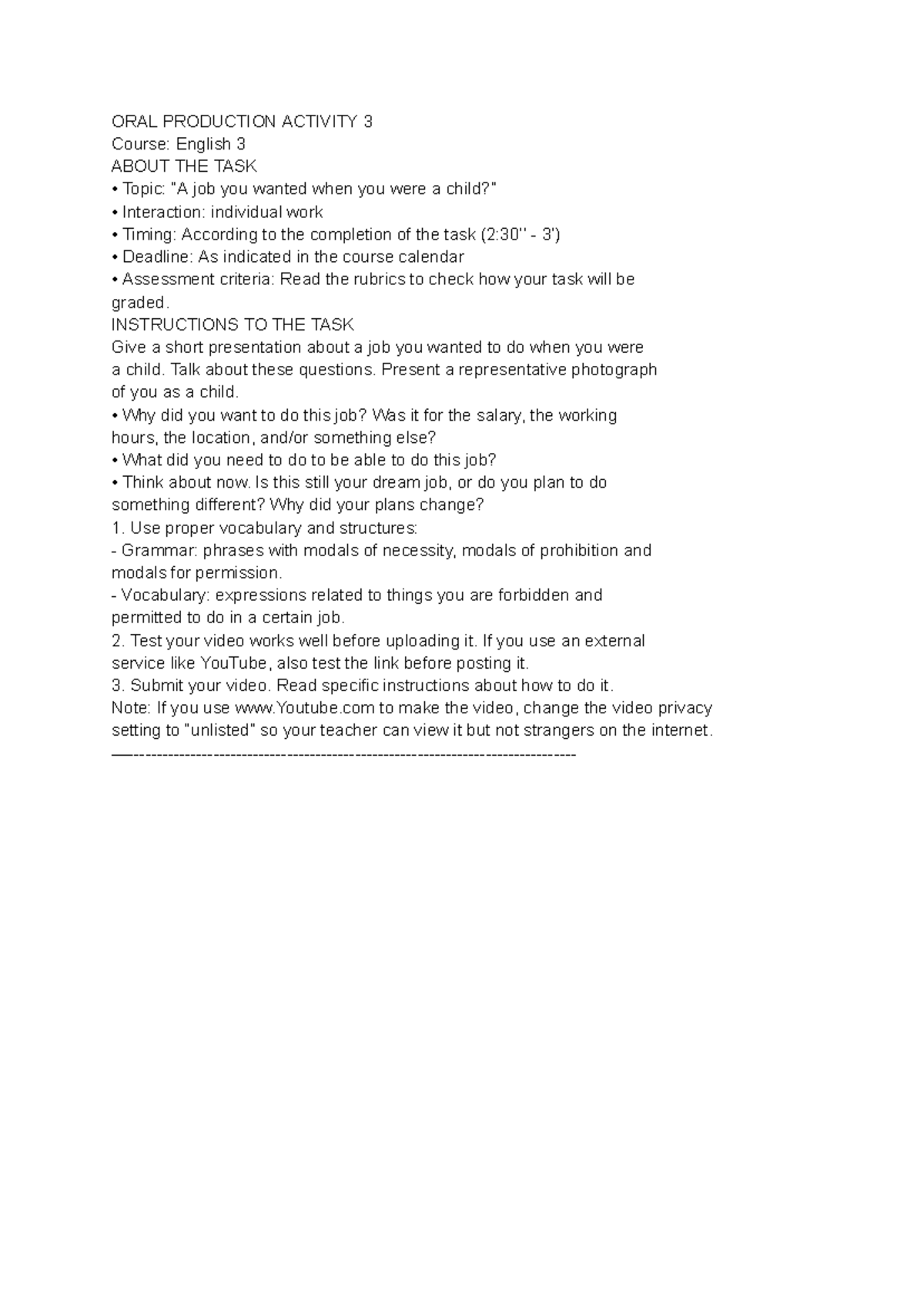 Oral Production Activity 3: Childhood Job Aspirations - English 3 - Studocu