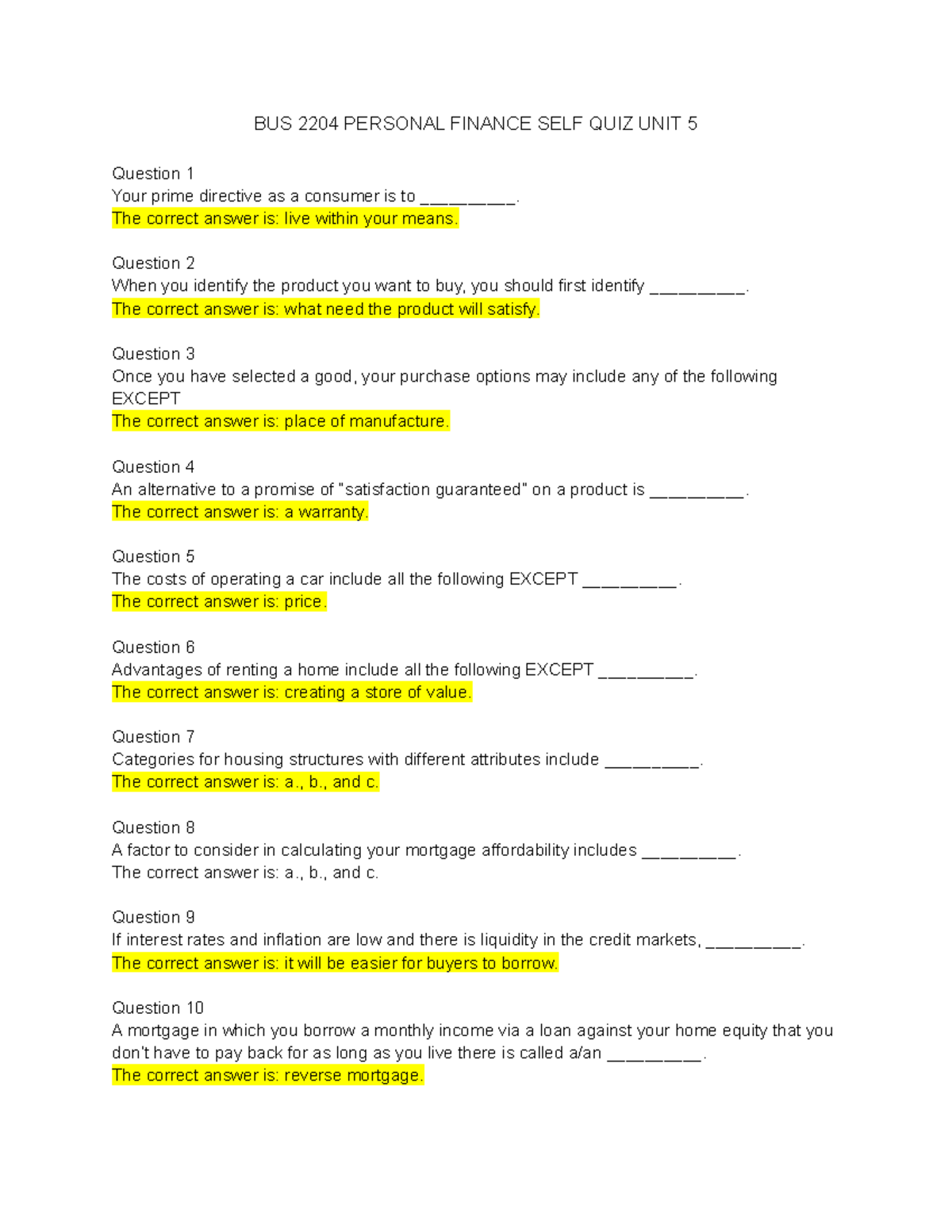 BUS 2204 Personal Finance Self Quiz: Unit 5 Questions & Answers - Studocu