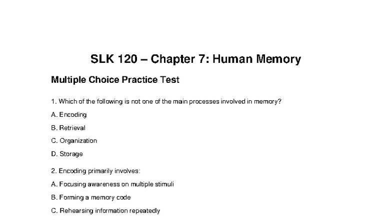 SLK 120 Chapter 7: Human Memory MCQ Practice Test - Studocu