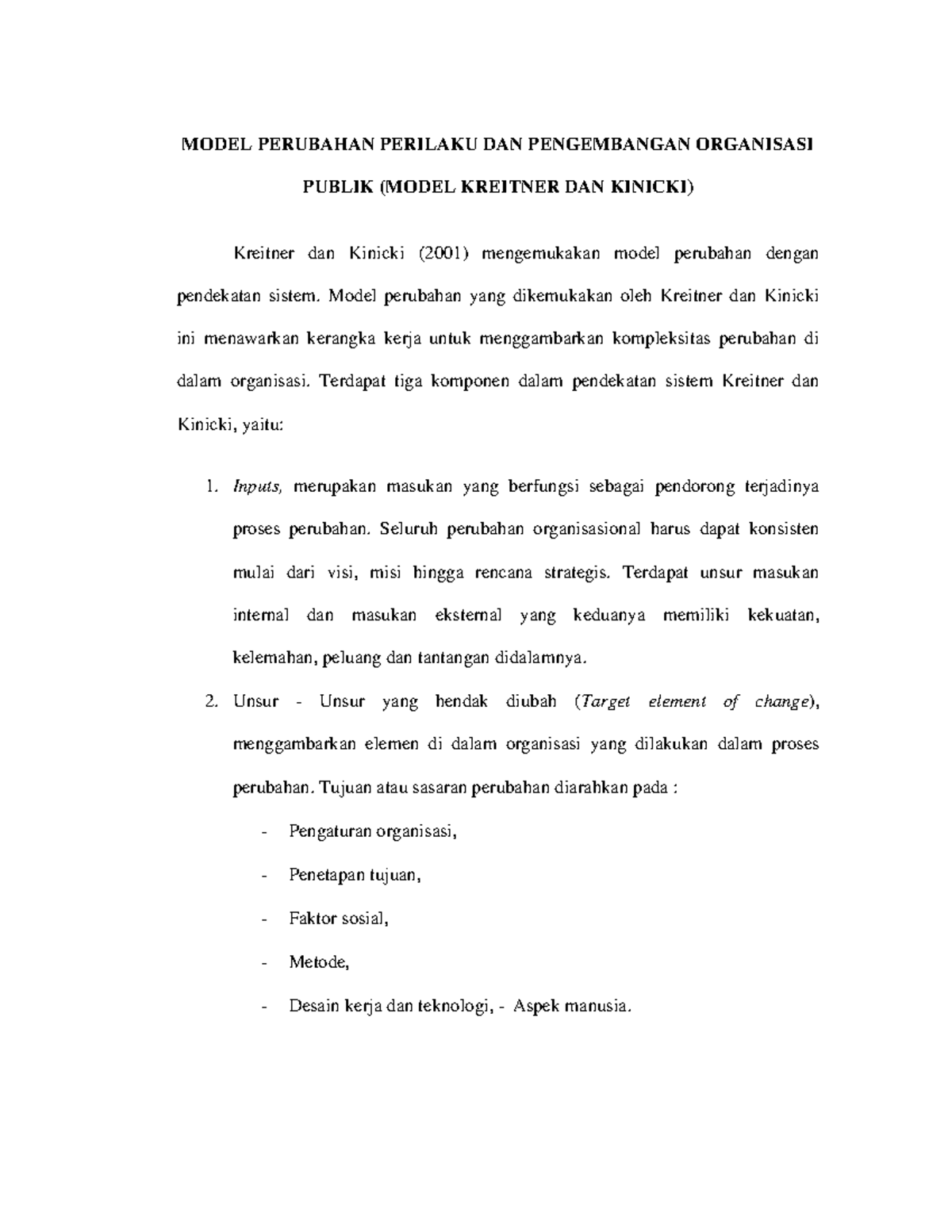 Studi Kasus Model Perubahan Organisasi Kreitner & Kinicki - Studocu