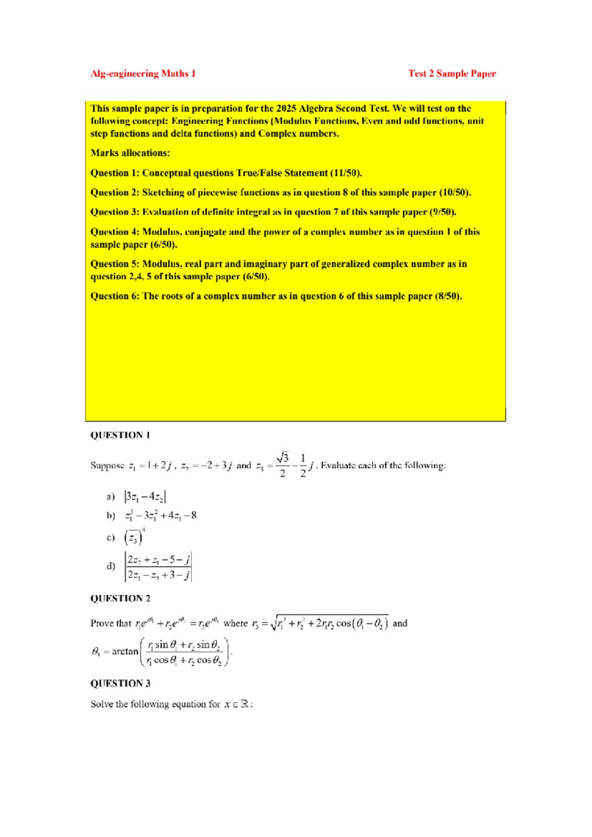 Maths 1 Test 2 Sample Paper: Engineering & Complex Functions - Studocu