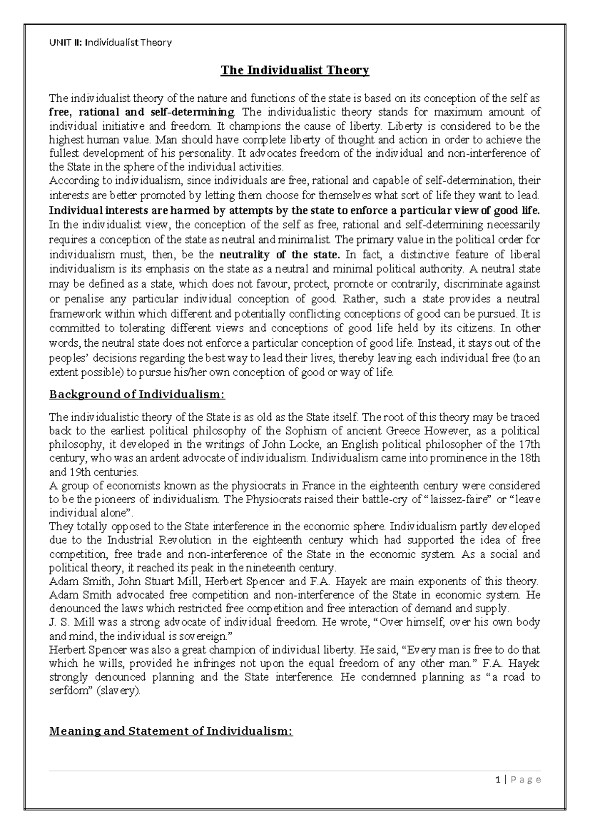 UNIT II: Individualist Theory - Understanding Individualism and Its ...