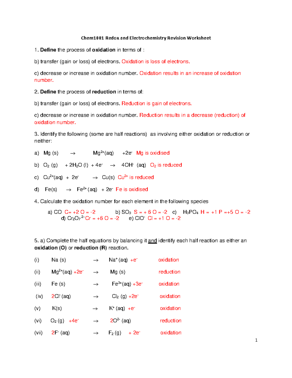 Redox revision worksheet Answers - Chem1001 Redox and Electrochemistry ...