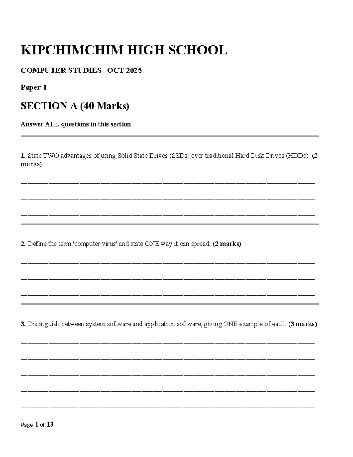 KIPCHIMCHIM HIGH SCHOOL COMPUTER STUDIES OCT 2025 Final Exam Paper 1 ...