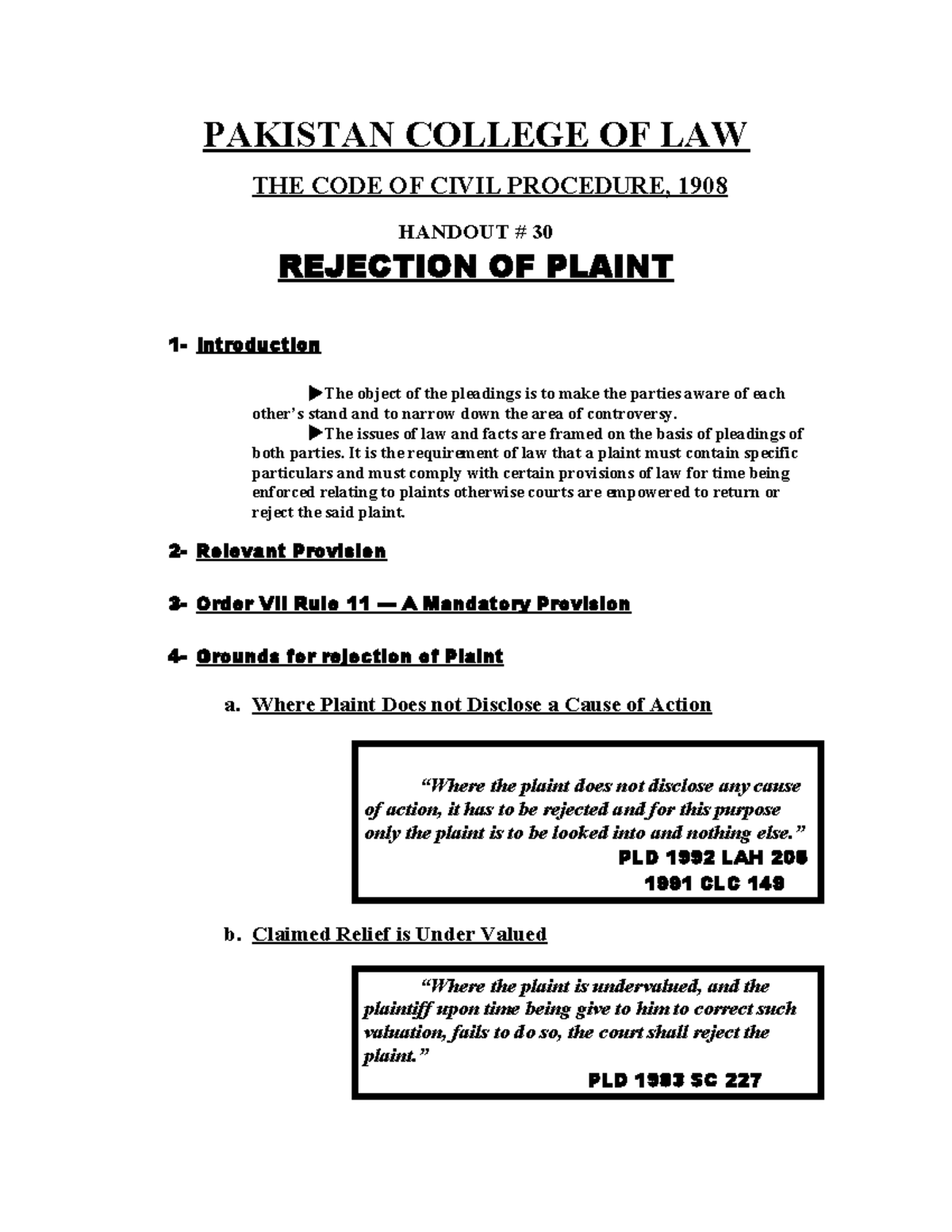 Rejection of Plaint - CPC 1908 Handout #30 Overview and Key Points ...