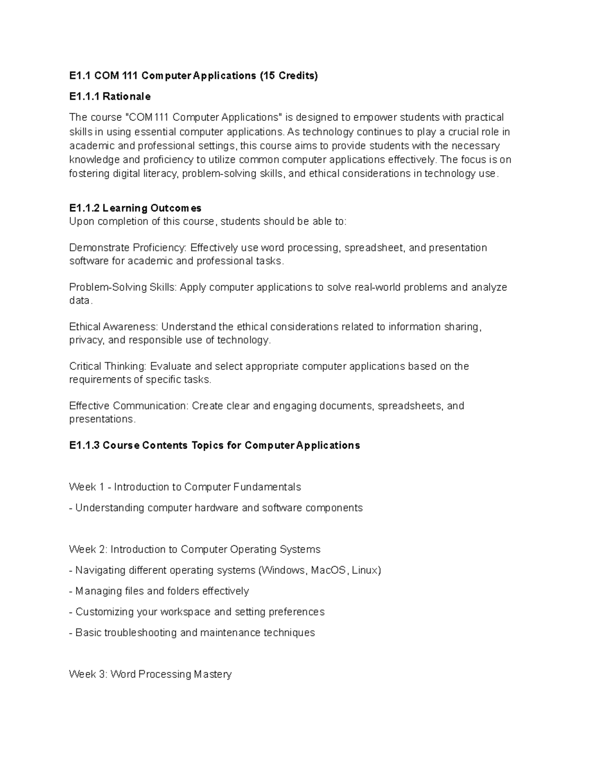 COM111 Computer Applications Course Overview and Learning Outcomes ...