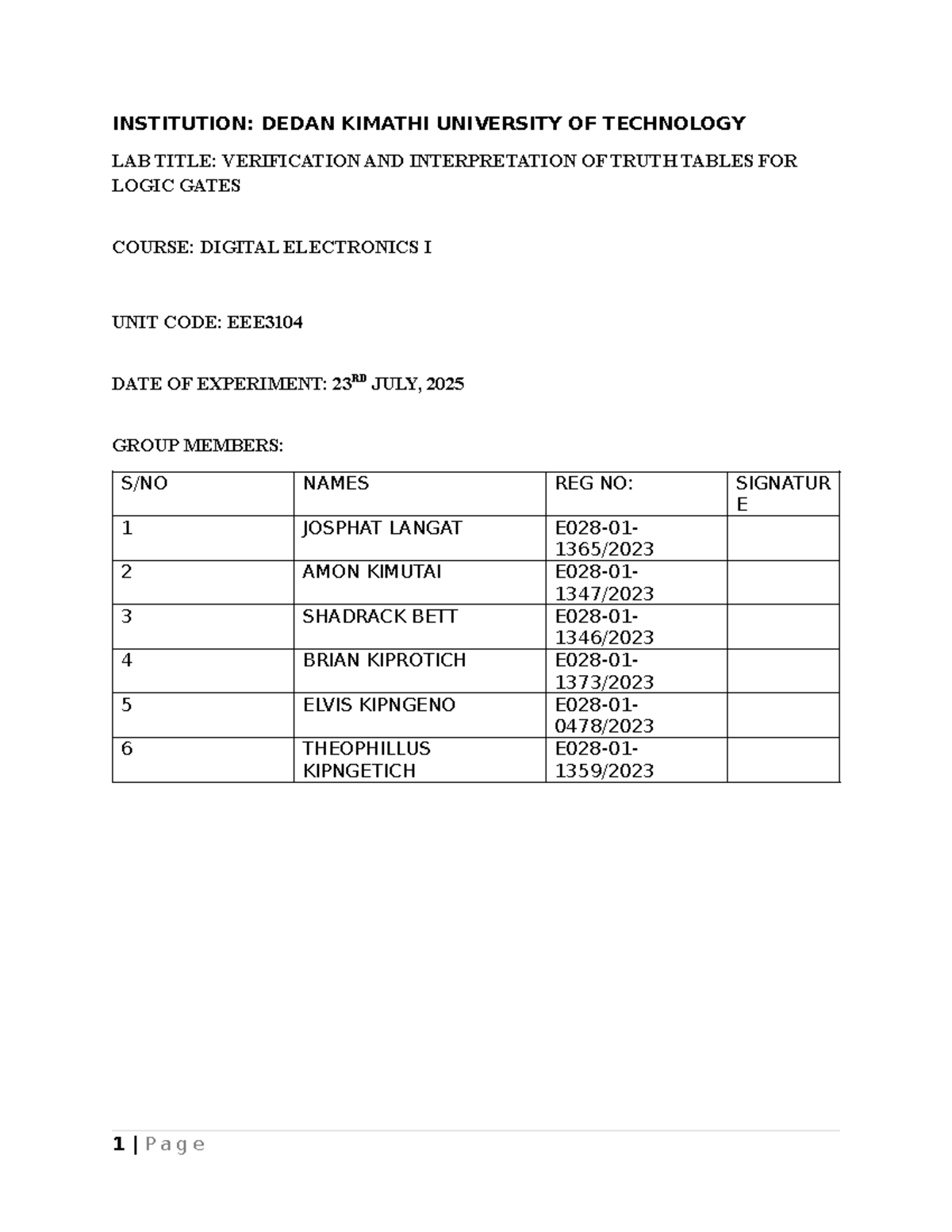 Digital Electronics I: Verification of Logic Gates Truth Tables - Studocu