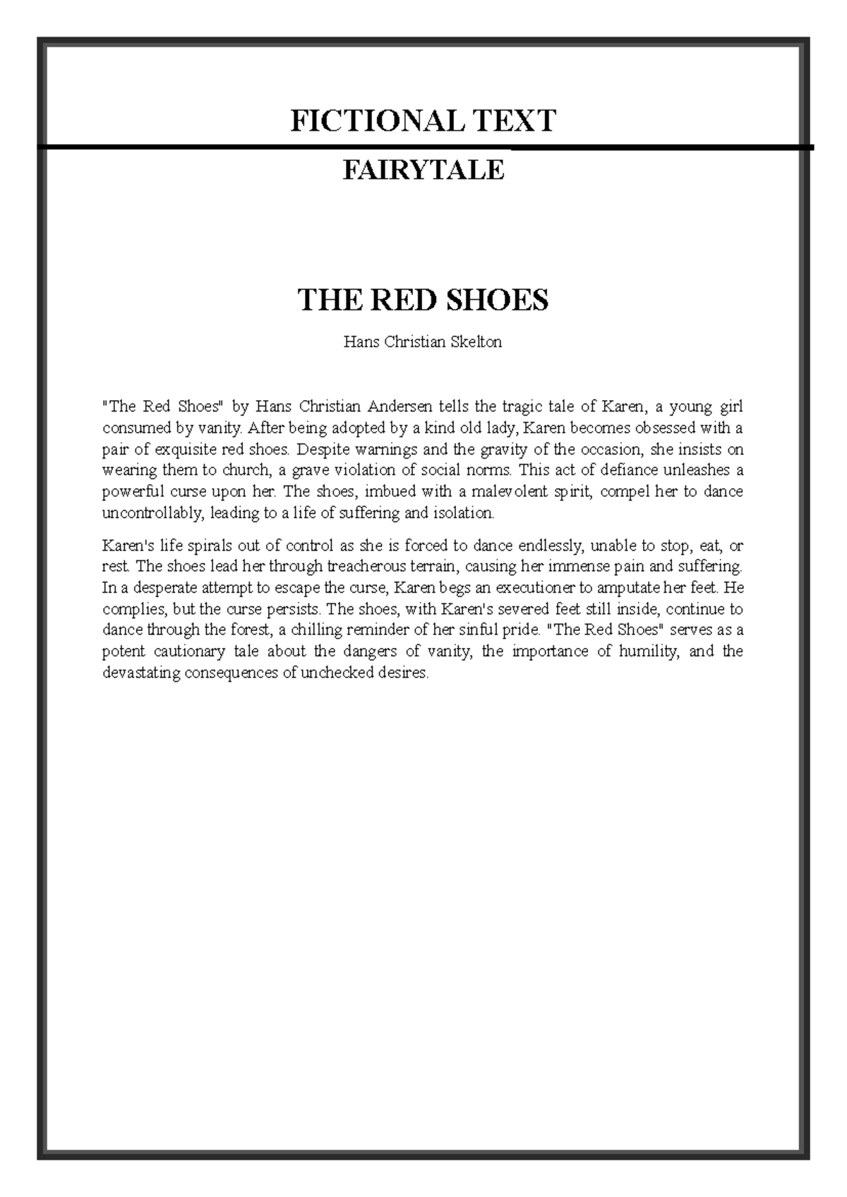 FICTIONAL TEXT ANALYSIS: THE RED SHOES & THE WOLF AND THE LAMB - Studocu