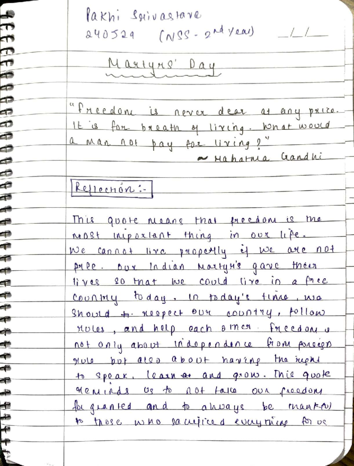 NSS Activity: Reflection on Freedom and Sacrifice - Studocu