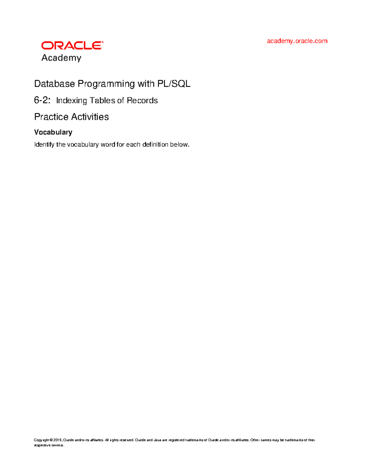Plsql 6 2 Practice - Copyright © 2019, Oracle and/or its affiliates ...