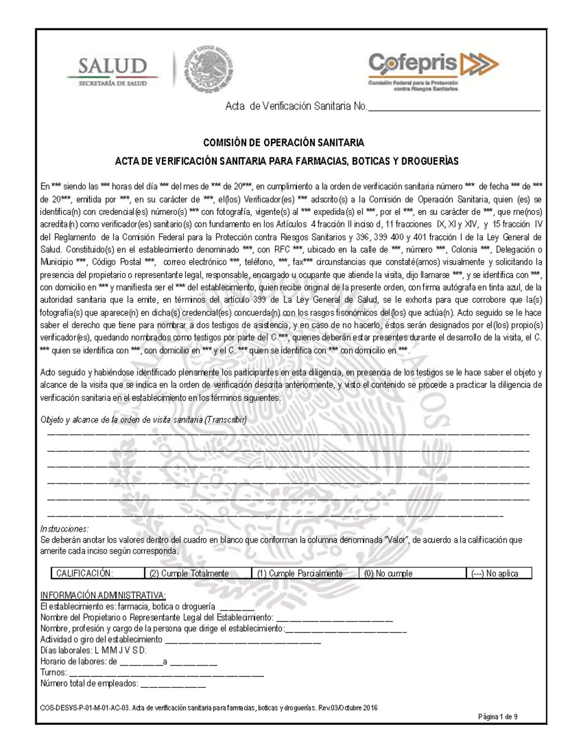 Acta de verificacion a farmacia - COS-DESVS-P-01-M-01-AC-03. Acta de verificaciÛn sanitaria para ...