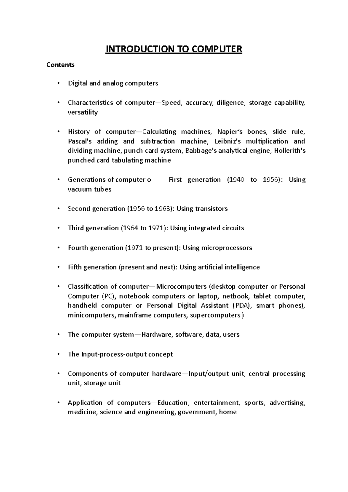 Introduction TO Computer - INTRODUCTION TO COMPUTER Contents Digital ...