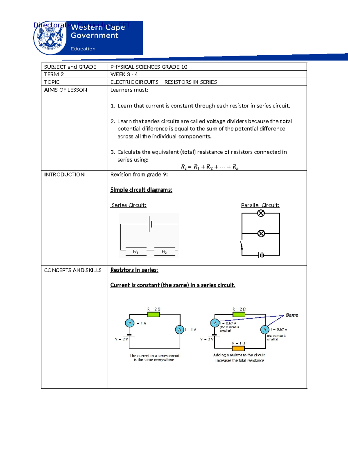 Physical Sciences Grade 10 Term 2: Electric Circuits & Series Resistors ...