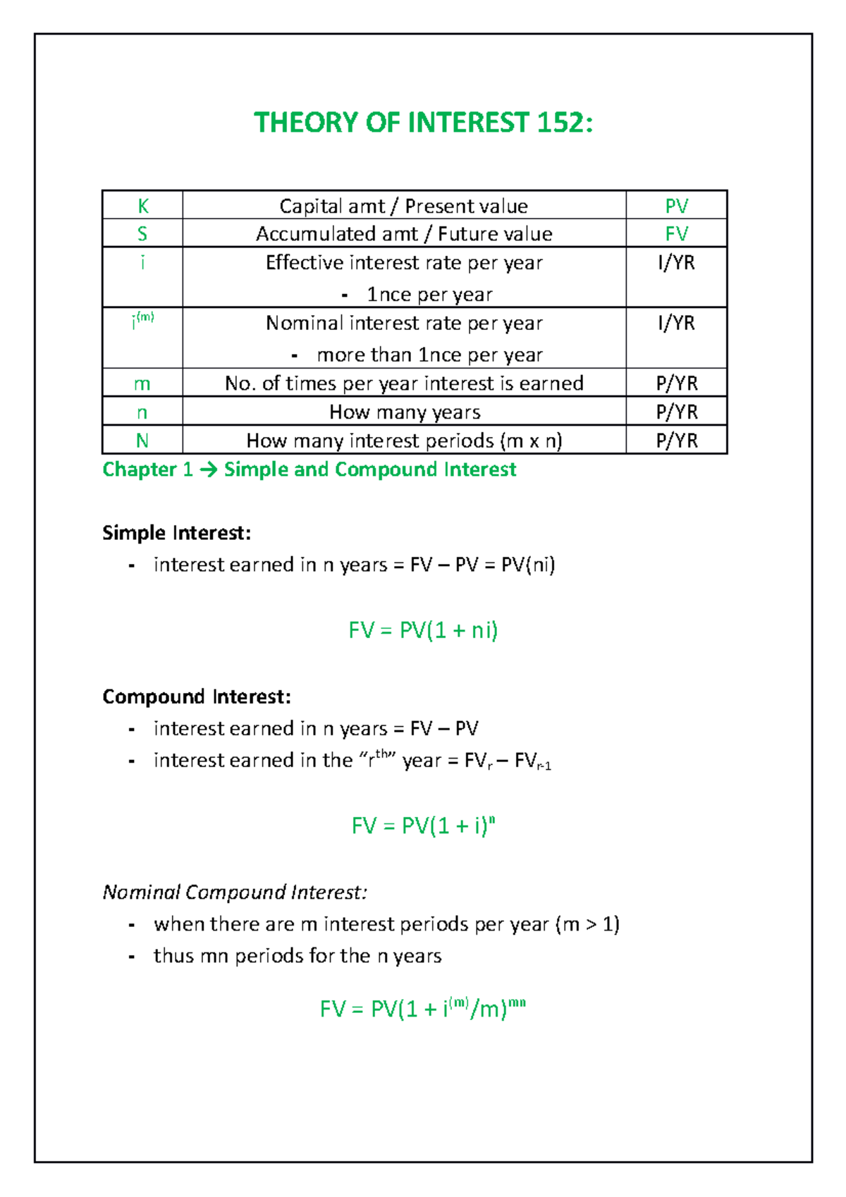 Theory of Interest 152 Notes - THEORY OF INTEREST 152: K Capital amt ...