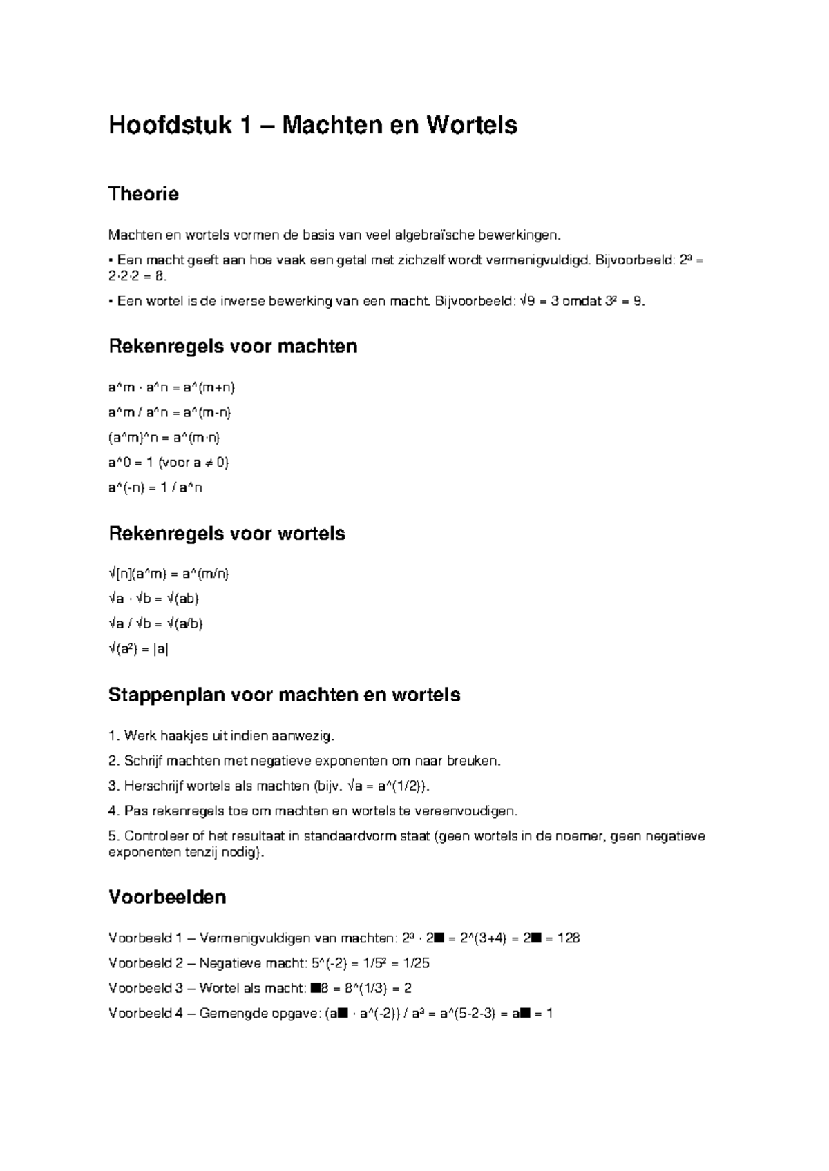 Hoofdstuk 1: Theorie van Machten en Wortels in de Algebra - Studeersnel
