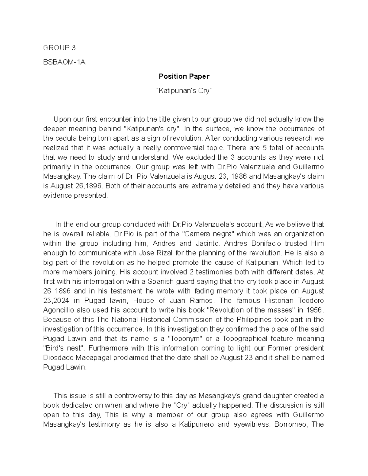 Document - Essay - GROUP 3 BSBAOM-1A Position Paper “Katipunan’s Cry ...