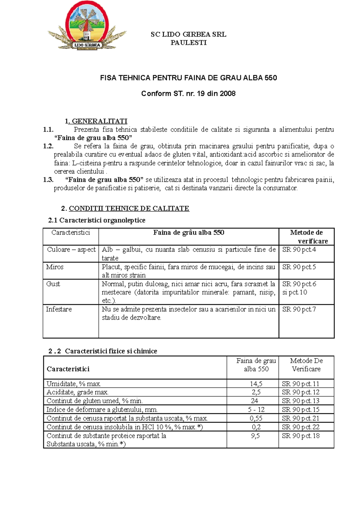 251230440 Fisa Tehnica Faina Alba 550 - Calitate si Ambalare - Studocu