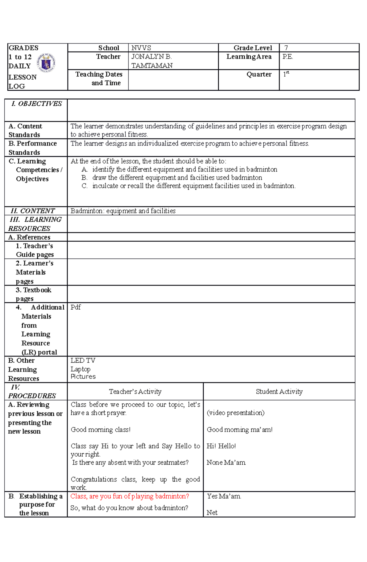DLP-PE7 Lesson Log: Badminton Equipment & Facilities Overview - Studocu
