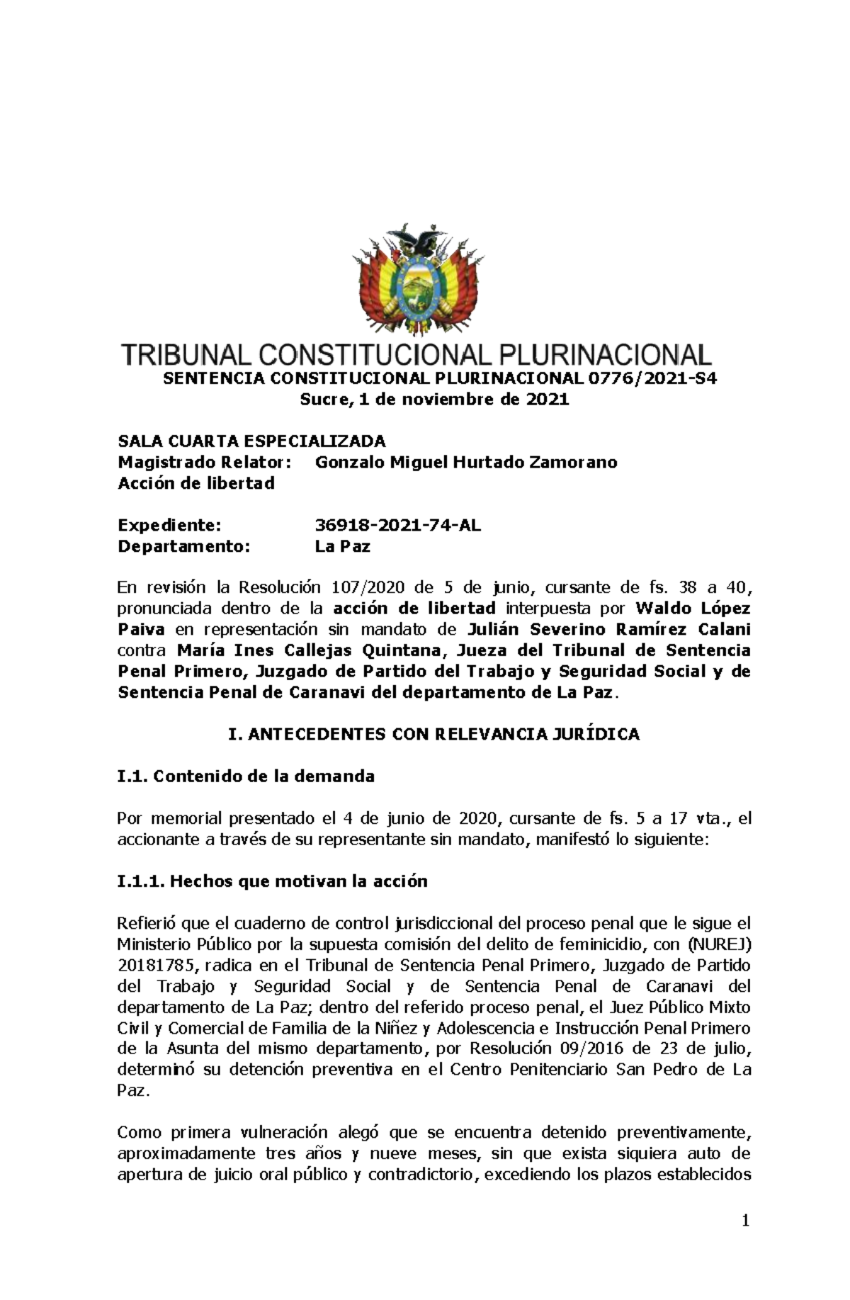 Acusacion SCP - SENTENCIA CONSTITUCIONAL PLURINACIONAL 0776/2021-S ...