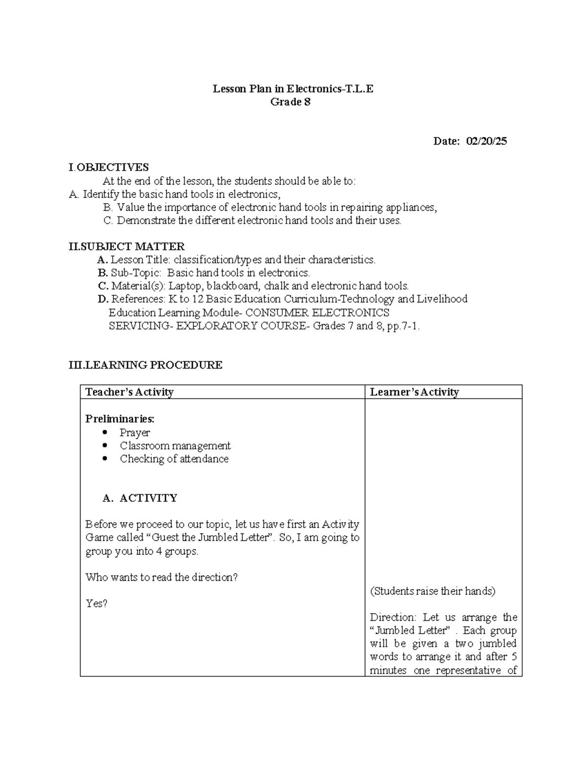 Lesson Plan: Basic Hand Tools in Electronics (T.L. Grade 8) - Studocu