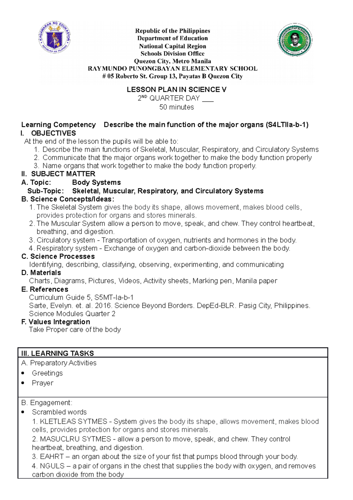 Science 5 Q2 Review WEEK D1-2 - LESSON PLAN IN SCIENCE V 2 ND QUARTER ...