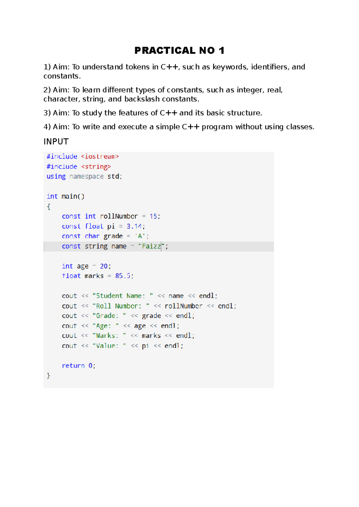 CSE101 Practical No 1: Understanding Tokens and Program Execution - Studocu