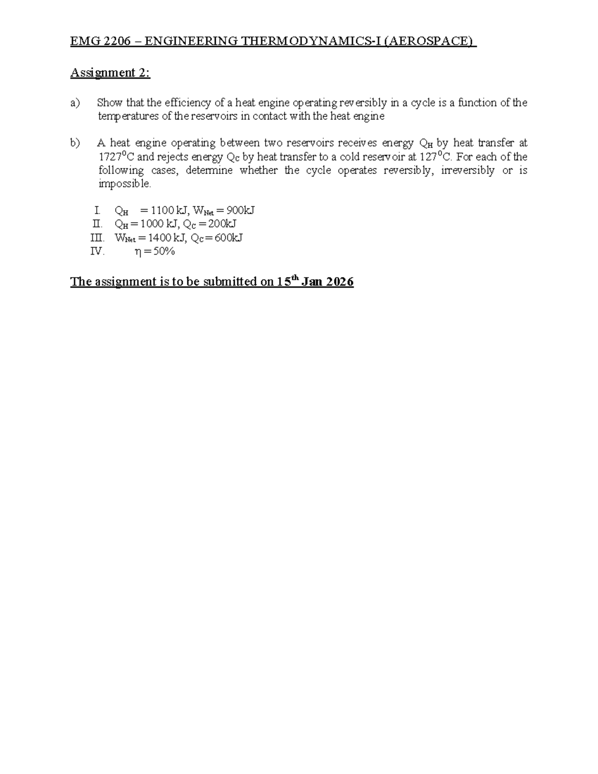 EMG 2206 Aerospace Engineering Assignment 2: Heat Engine Efficiency ...