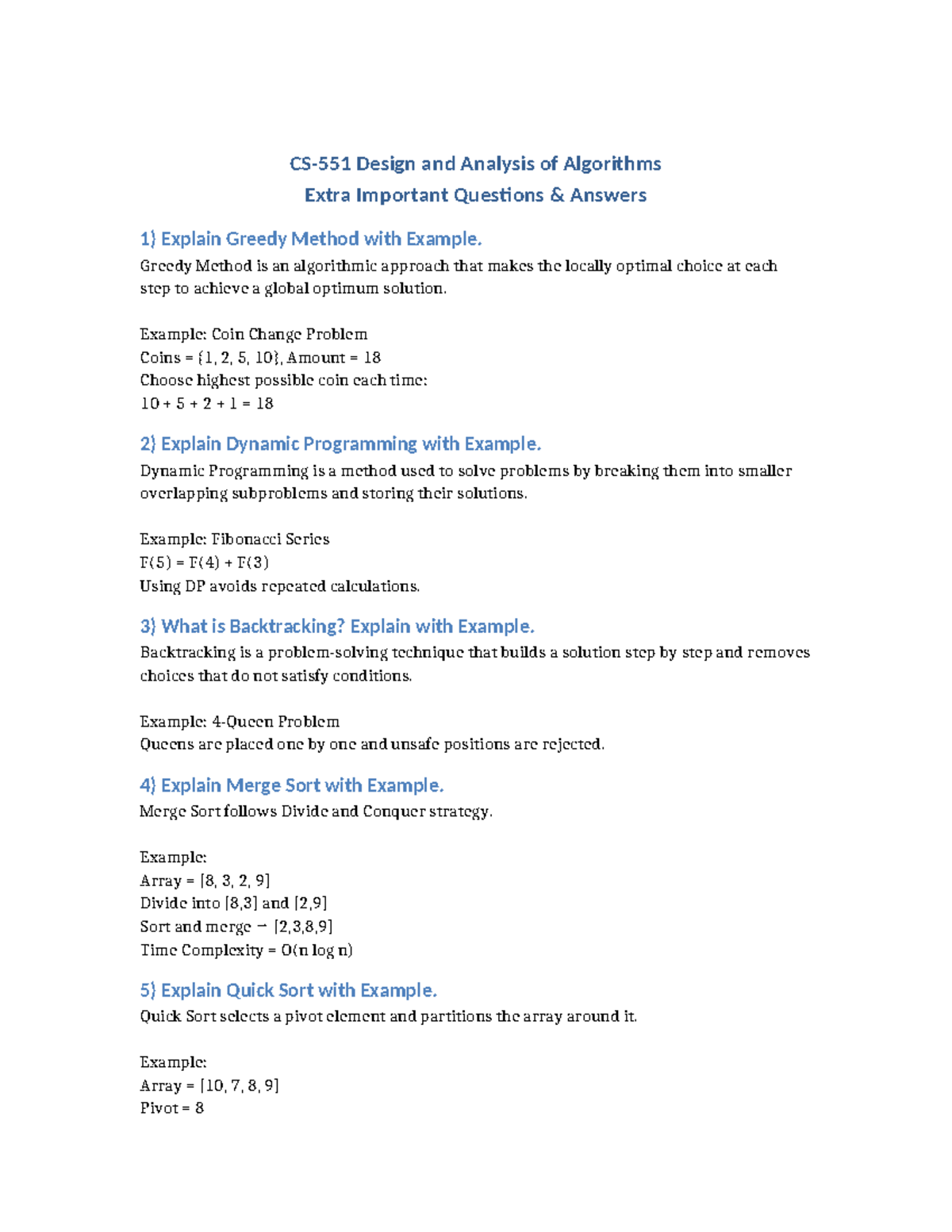 CS551 Extra Important Questions on Algorithms and Techniques - Studocu