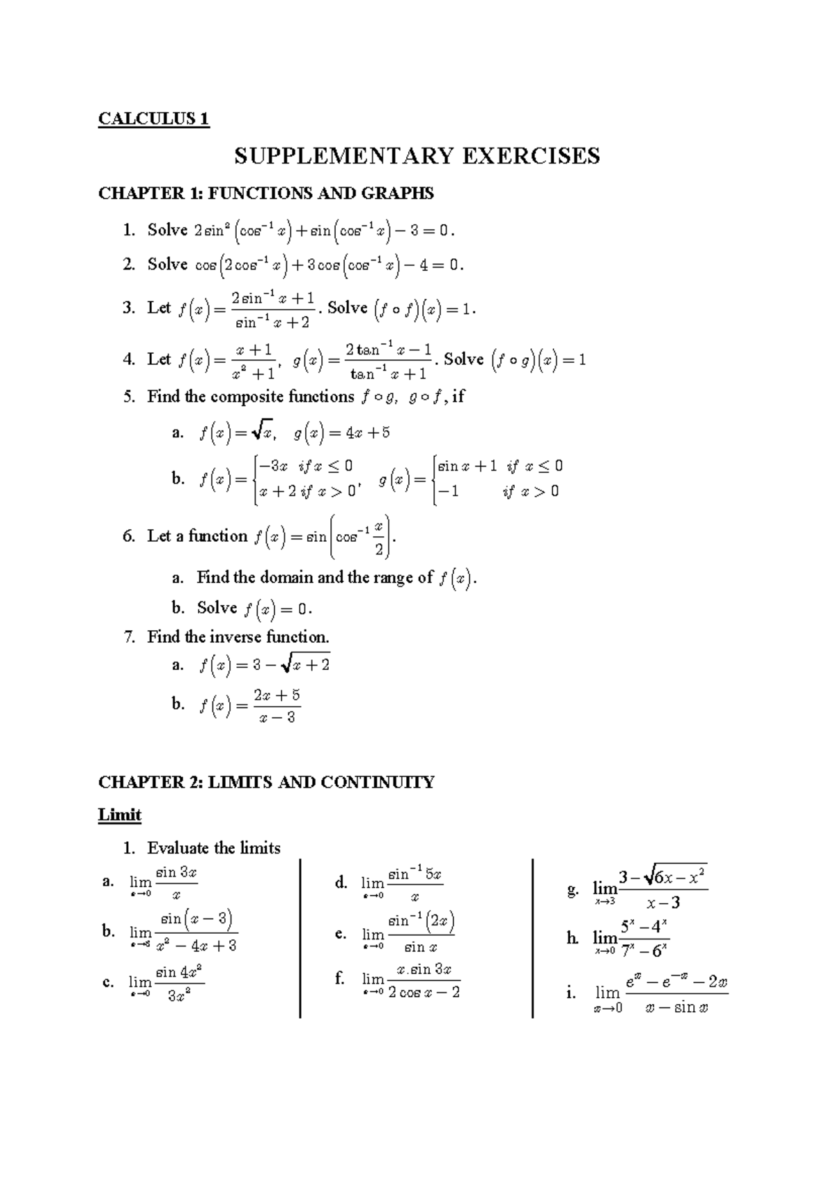 Exercise for Calculus 1 - CALCULUS 1 SUPPLEMENTARY EXERCISES CHAPTER 1 ...