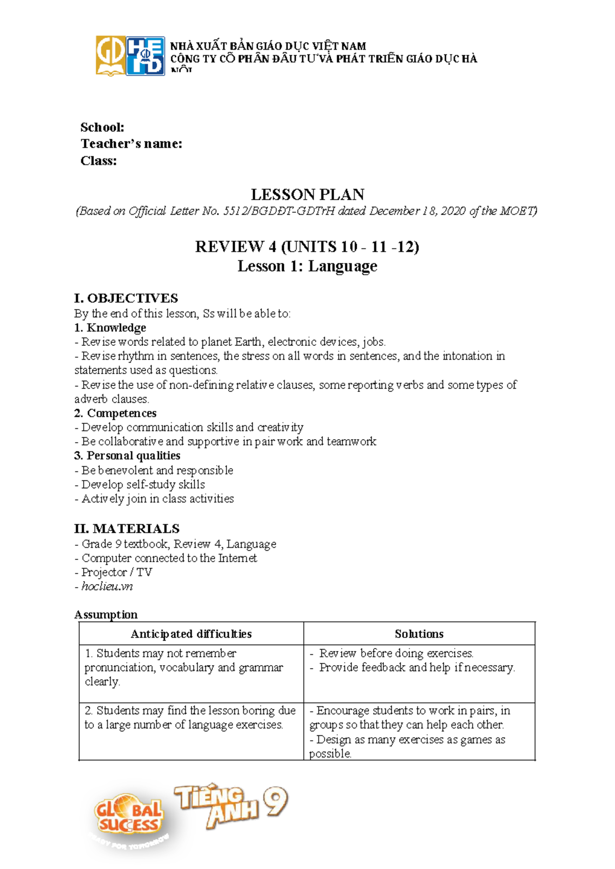 REVIEW 4: LESSON PLAN FOR GRADE 9 (UNITS 10-12) - Studocu