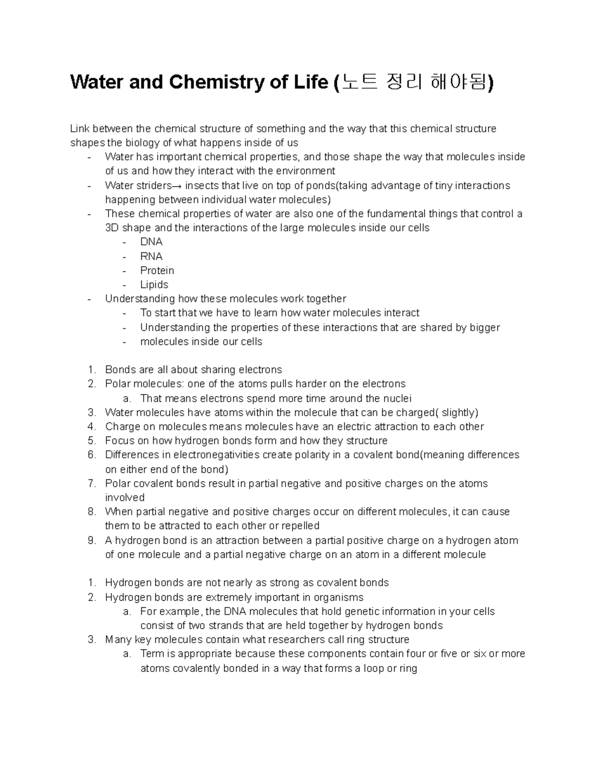 Biology 101: Chemistry of Life & Water Properties Notes - Studocu