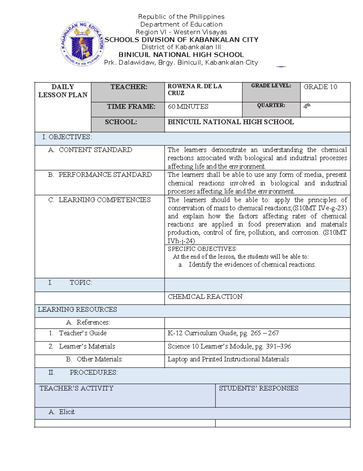 Chemical reaction - LESSON PLAN - Department of Education Region VI ...