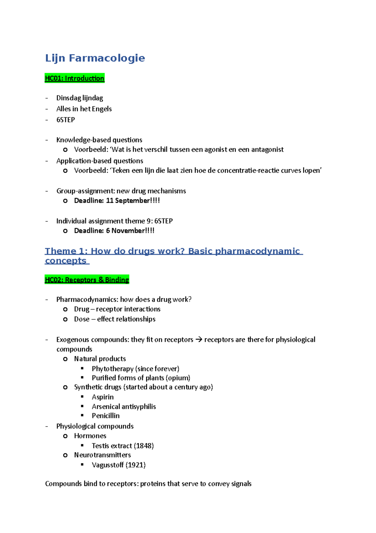Lijn Farmacologie HC01-HC04 Aantekeningen Overzicht en Analyse ...