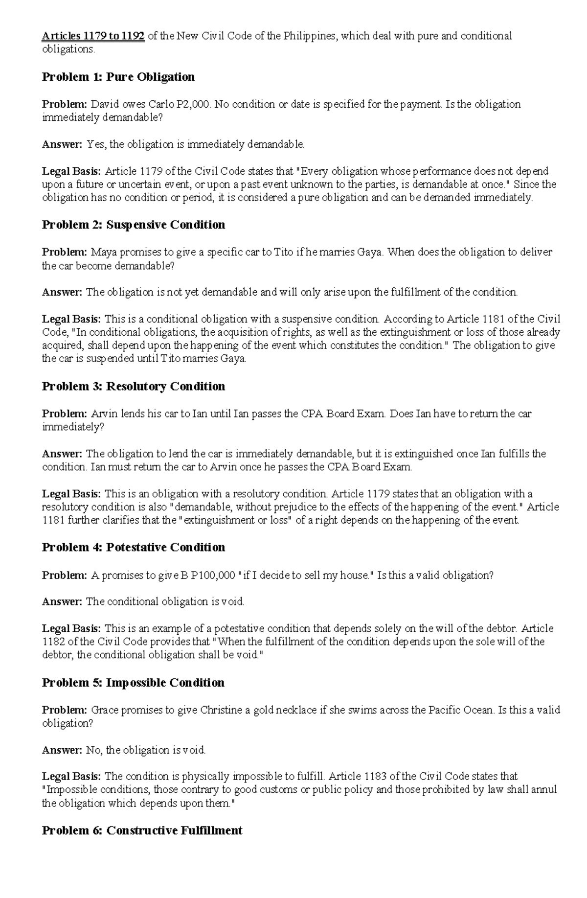 Civil Code of the Philippines: Articles 1179-1192 on Obligations - Studocu