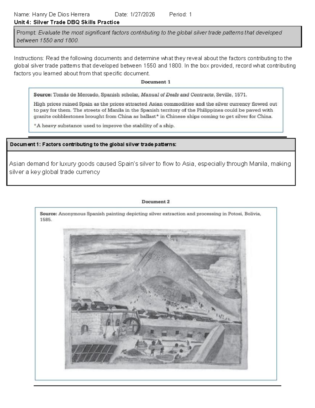 DBQ - Unit 4: Analyzing Global Silver Trade Patterns (1550-1800) - Studocu
