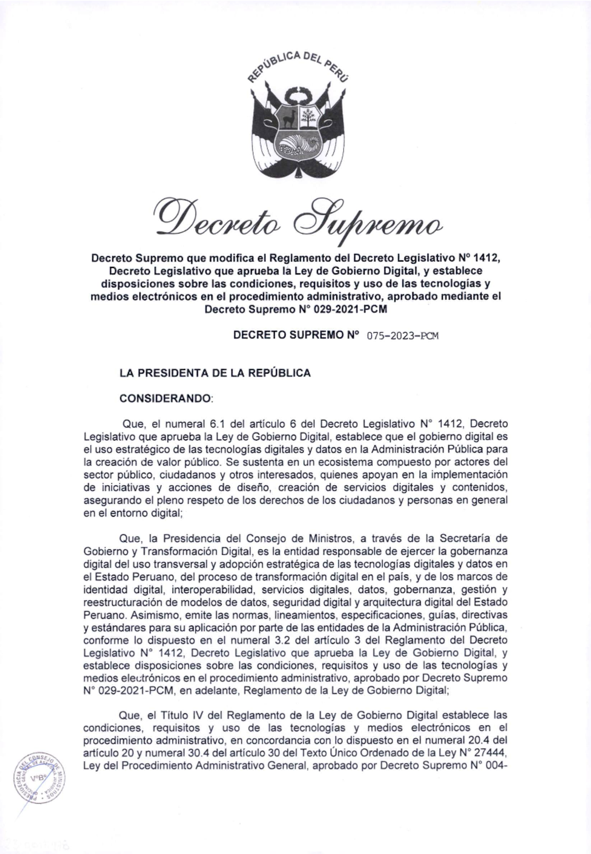 1 DS N° 075-2023-PCM - Didu - REPUBLICA DEL PERU Decreto Supremo ...