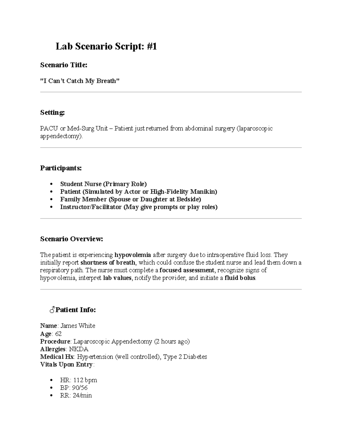 🏥 Lab Scenario Script: Hypovolemia Management Post-Laparoscopic ...