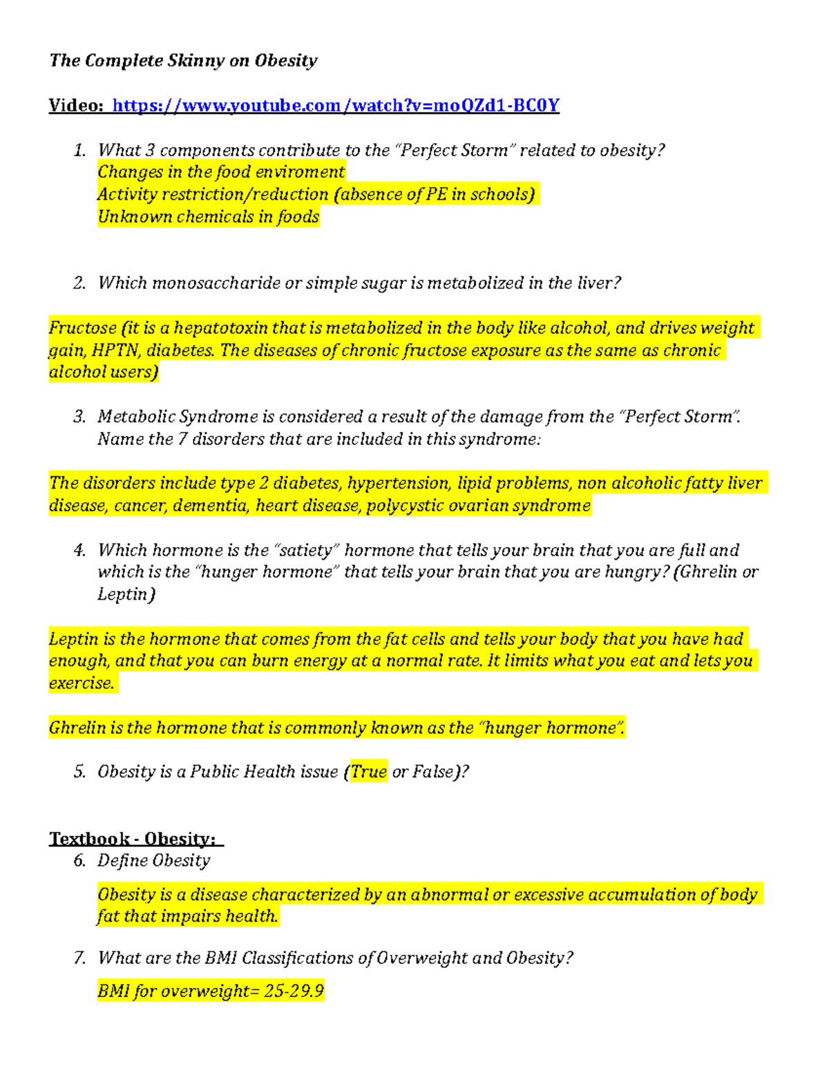 NU307 Obesity Worksheet - The Complete Skinny on Obesity Video: youtube ...