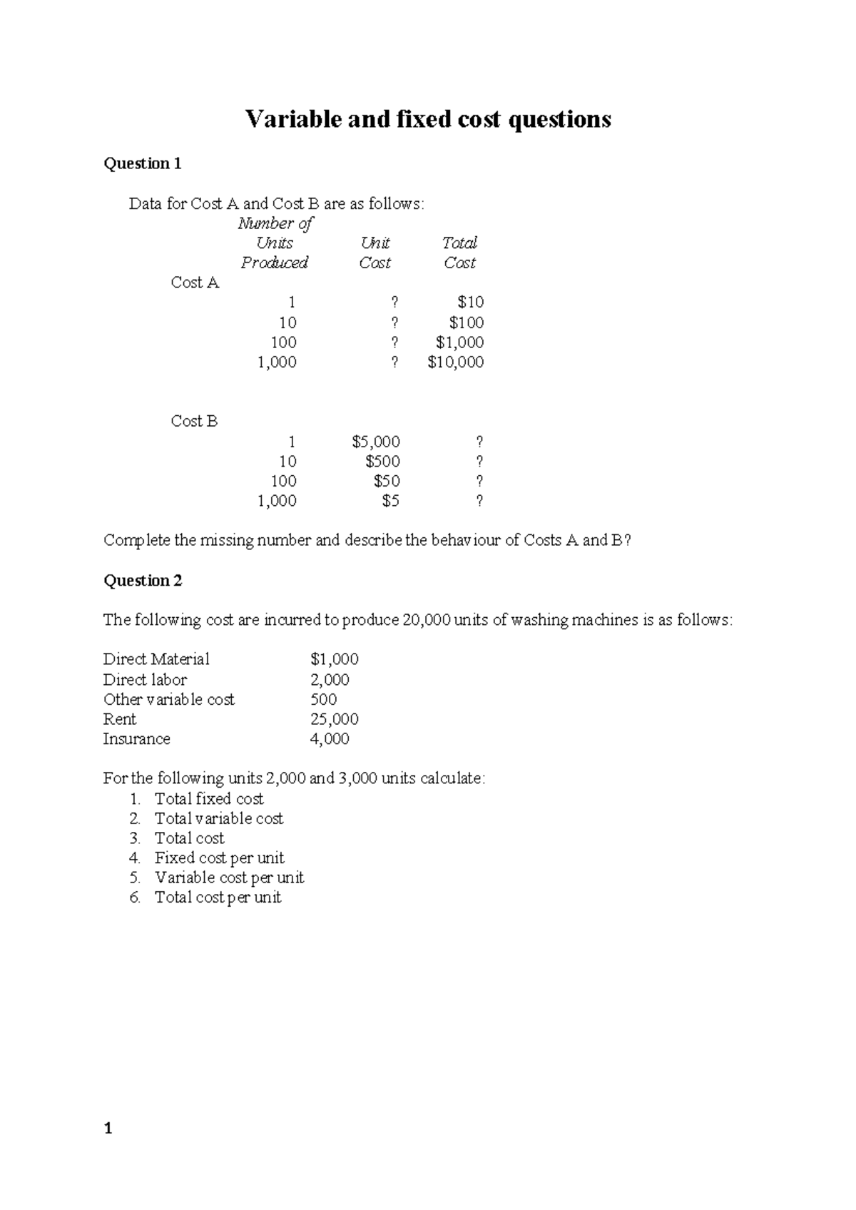 Variable and Fixed Cost Analysis Questions for ACCT 101 - Studocu