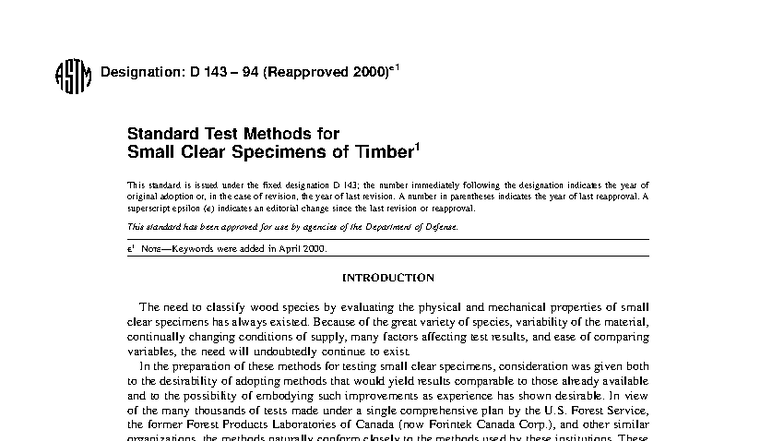 Reapproved Standard Test Methods for Small Clear Timber Specimens (D ...