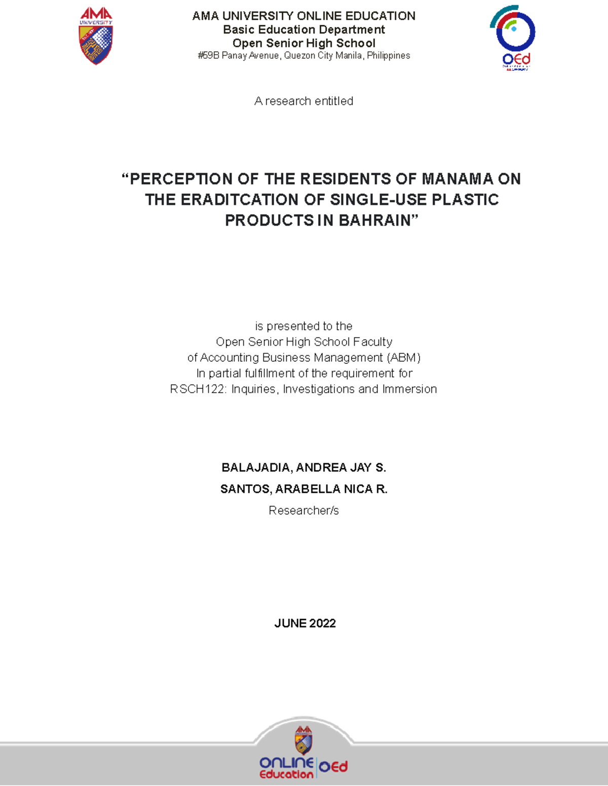 003 ABM Research Manuscript Format (ongoing) - AMA UNIVERSITY ONLINE ...