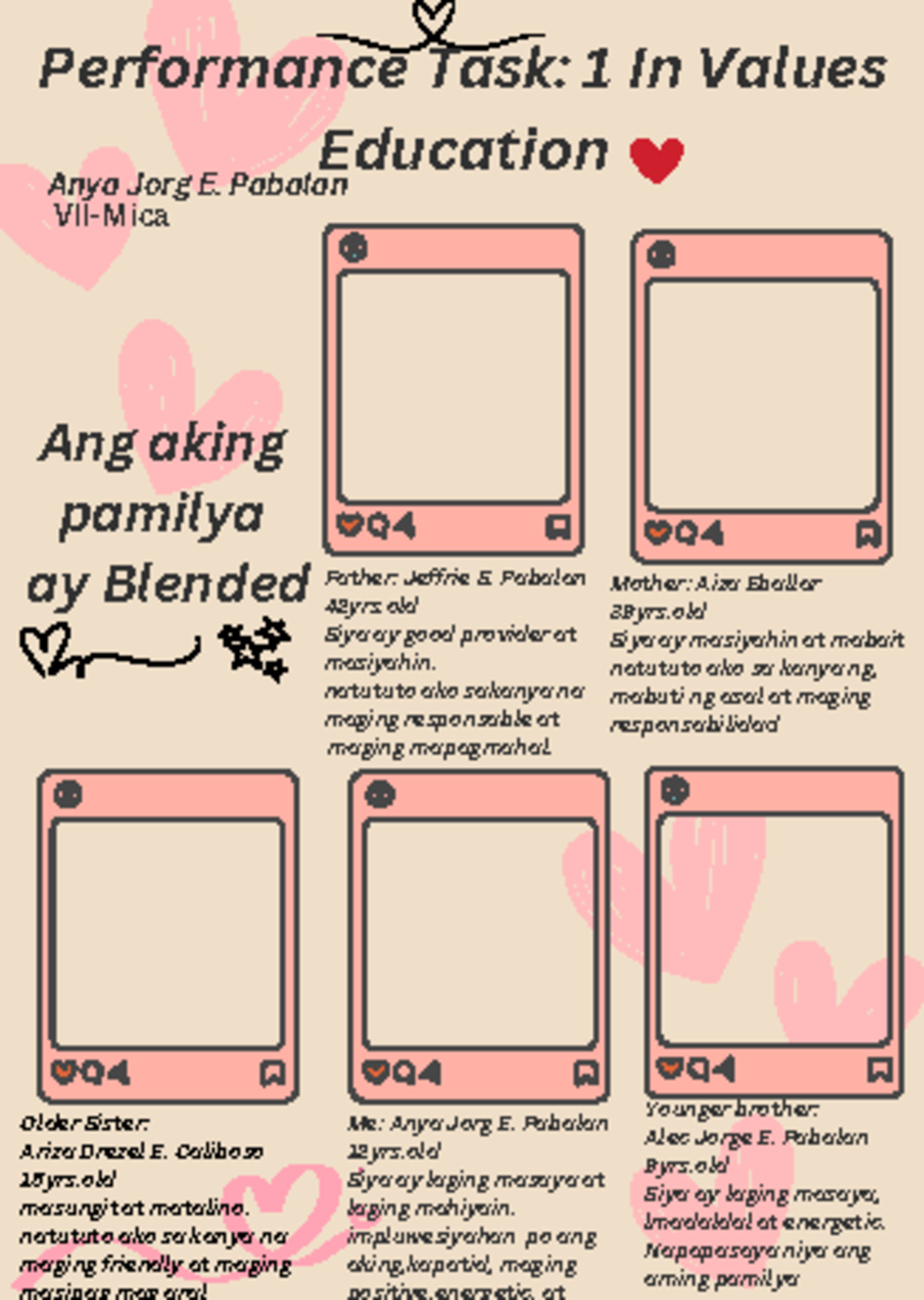 Performance Task 1: Values Education - My Family Overview (VII-Mica ...