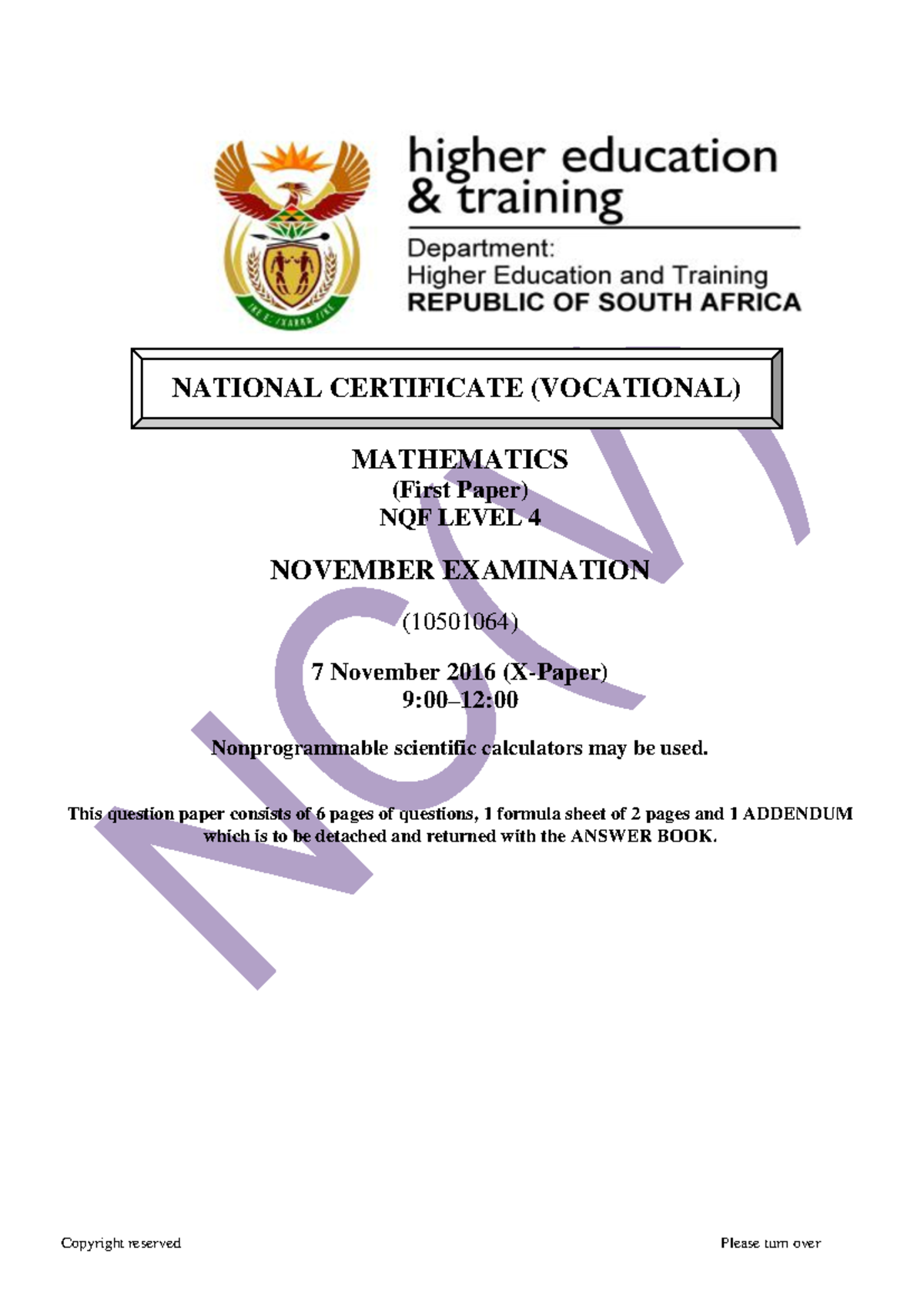 Math NCV 4 Nov 2016 P1 Exam Paper – Mathematics Examination Paper 1 ...