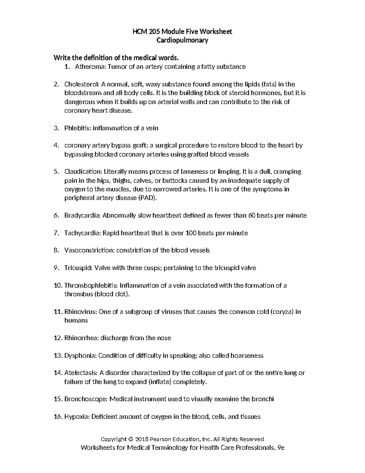 HCM 205 Module 5 Cardiopulmonary Medical Terminology Definitions ...