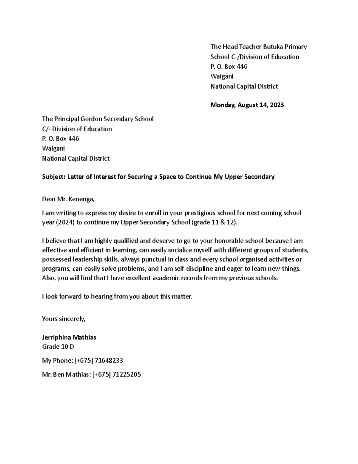 Gordon Secondary School Upper Secondary Enrollment Letter 2024 - Studocu
