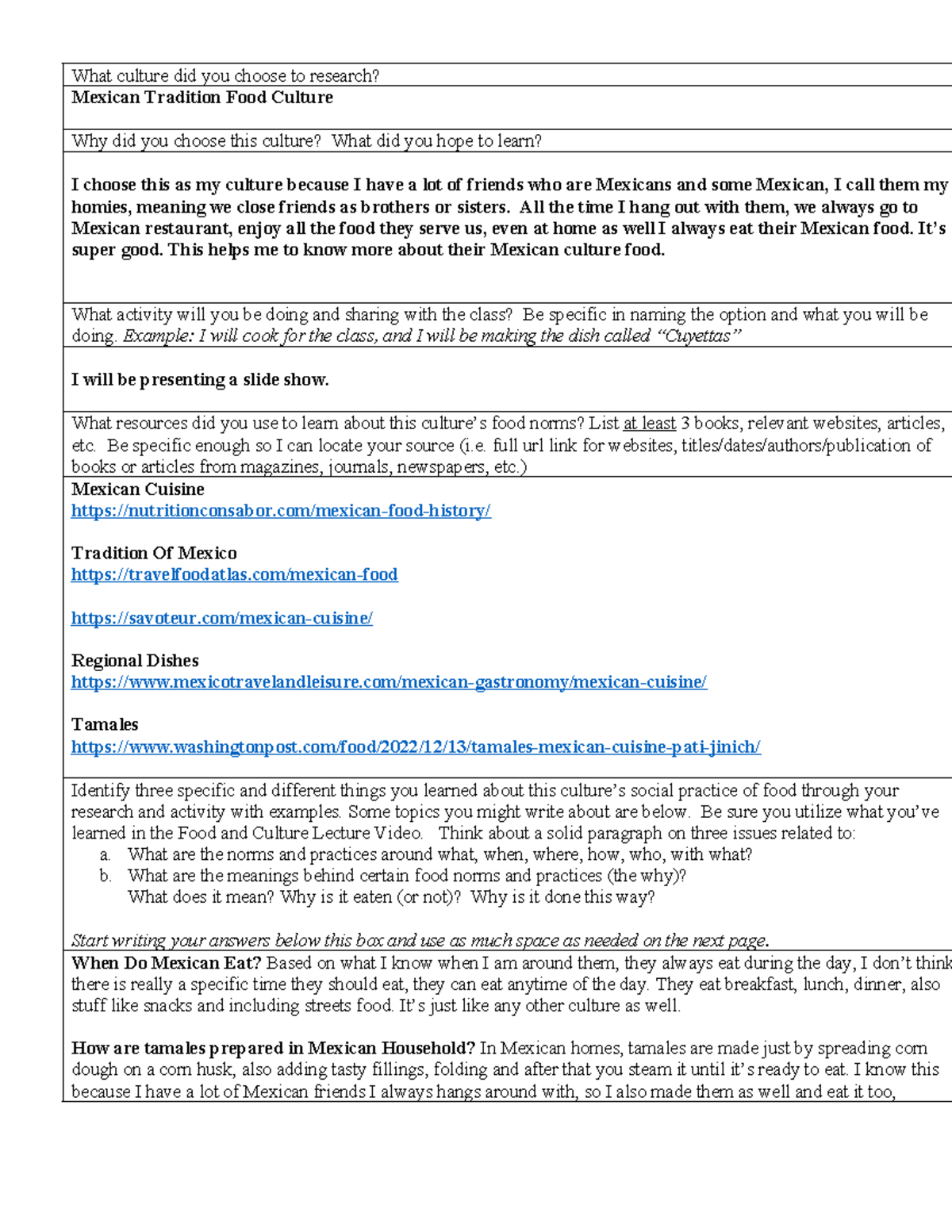 Cultural Food Project Worksheet: Exploring Mexican Cuisine - Studocu
