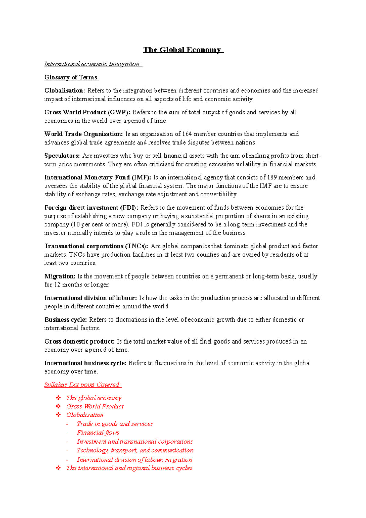 HSC Economics Notes Topic One – The Global Economy - The Global Economy ...