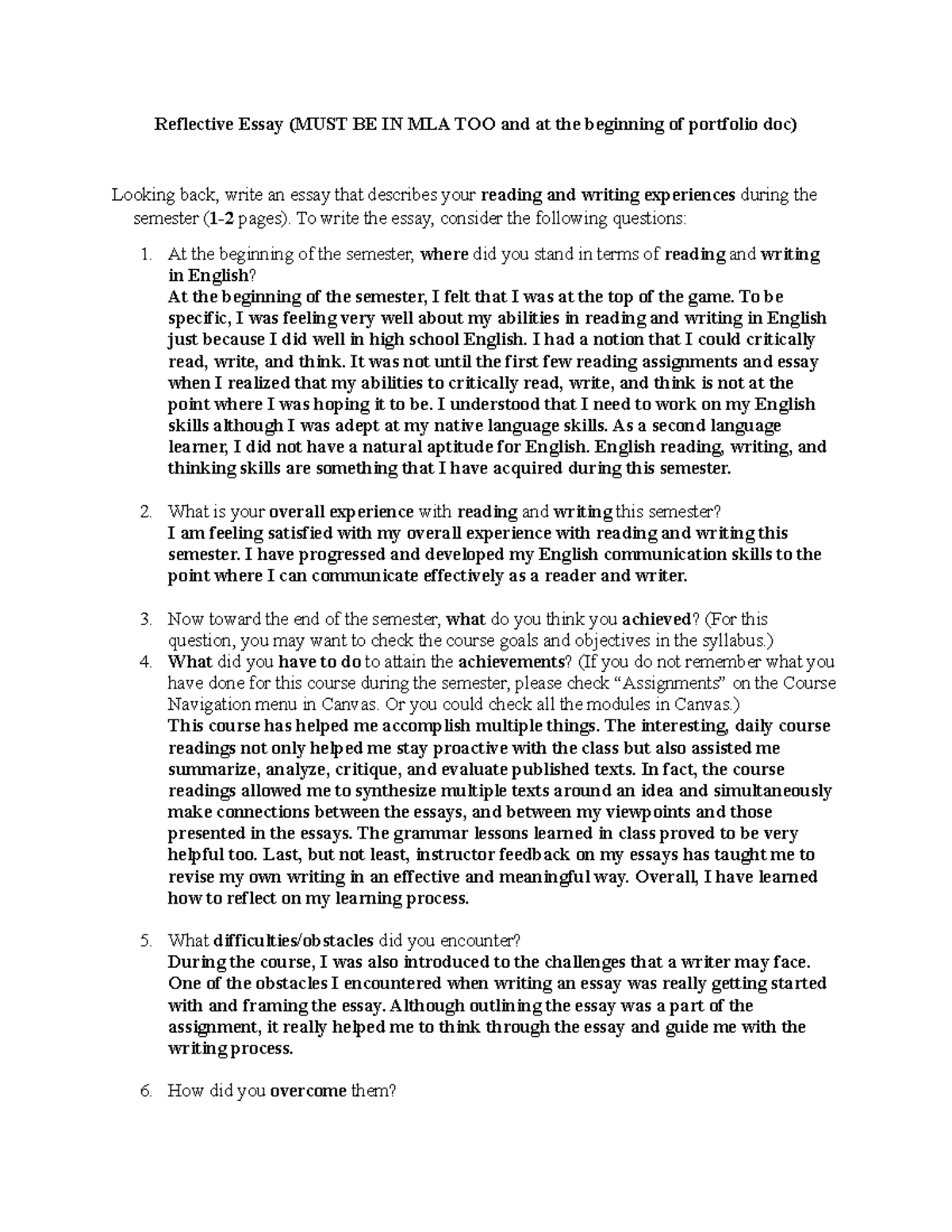 ENG 101 Reflective Essay Portfolio: Growth in Reading & Writing - Studocu