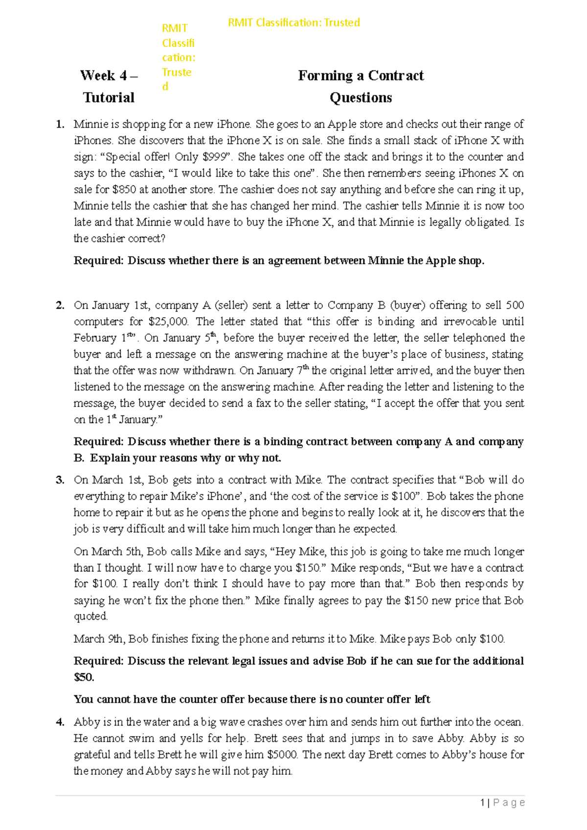 Week 4 Tutorial Questions - Week 4 – Forming a Contract Tutorial ...